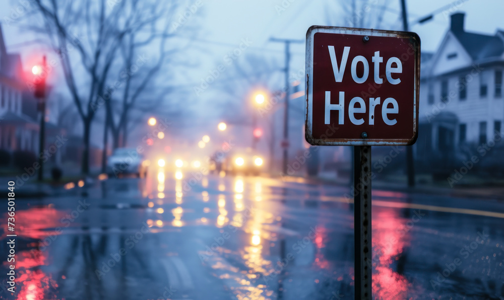 Weathered Vote Here sign indicating a local polling station on a city ...