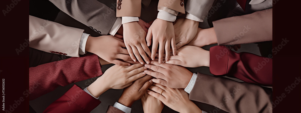 Teamarbeit, Einheitskonzept, eine Gruppe von Freunden legt ihre Hände zusammen, Textfreiraum ...