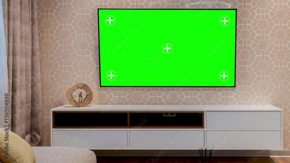 LED smart TV screen with a blank green background in the living room ...