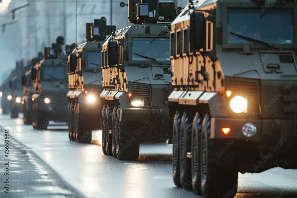 Convoy of Military Armored Vehicles on a City Street during Dusk Patrol ...
