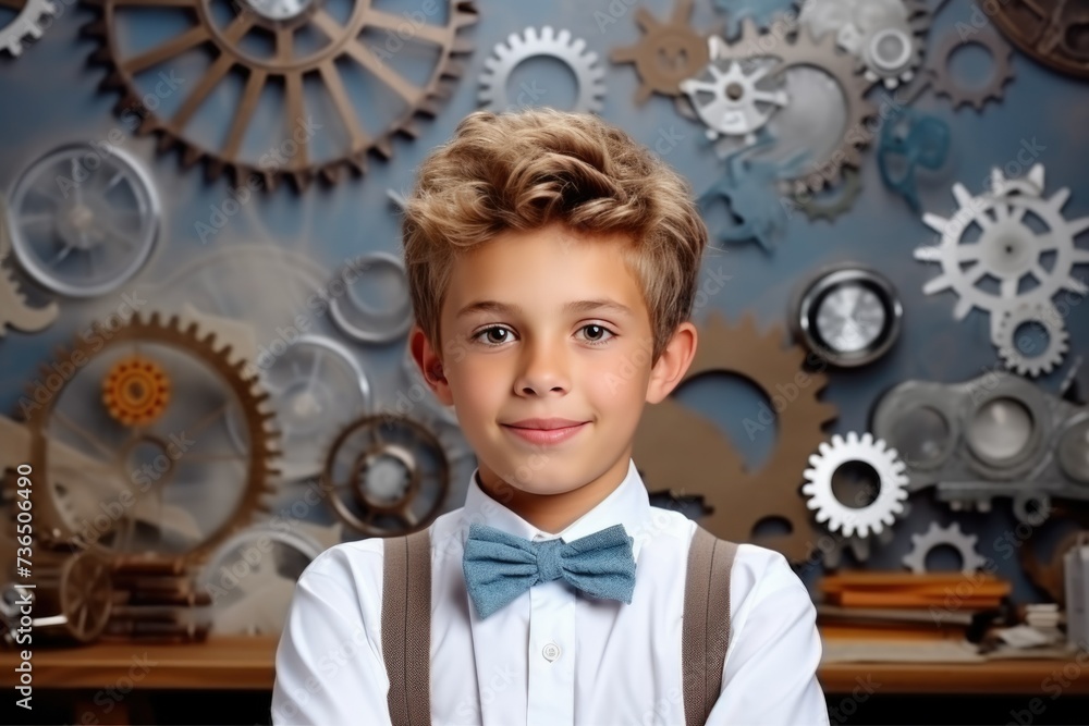 child boy schoolboy portrait. Little engineer, mathematician, physicist ...