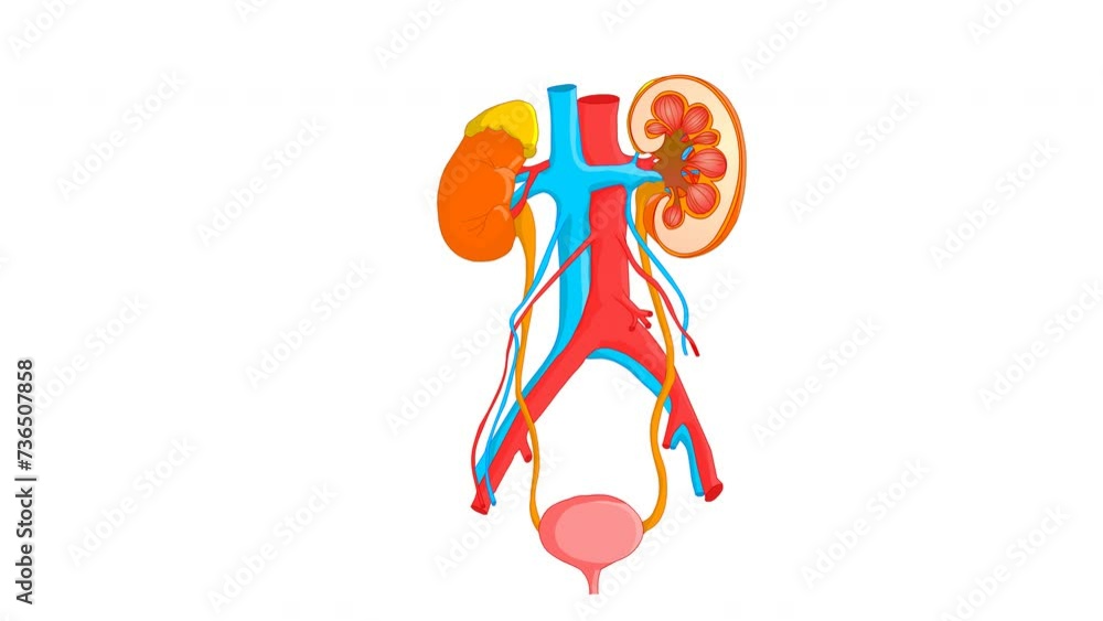Urinary system animation. Detailed human kidney anatomy. Annotated ...