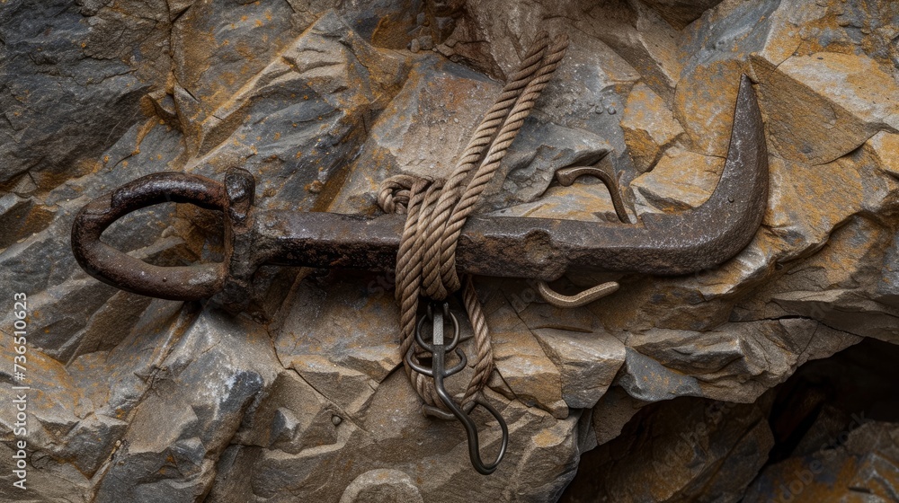 A sturdy carbine and hook securely attached to a rope, embedded in ...