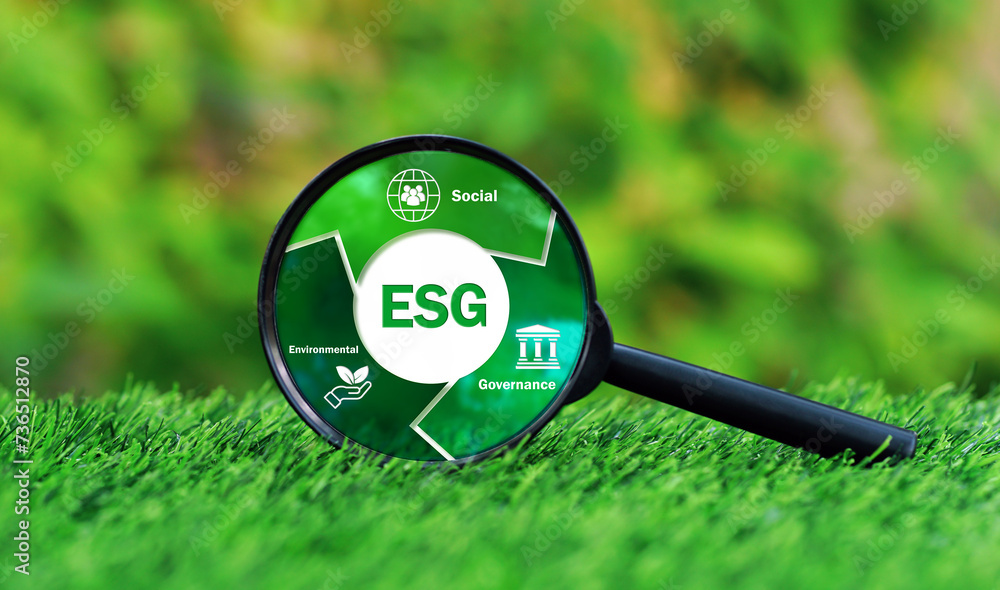Magnifying glass focused on ESG text with picture smart icon on green ...