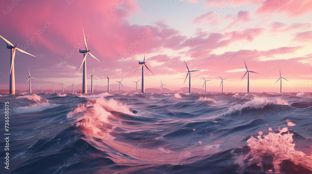 Offshore Windpark im Sonnenuntergang, Wellen auf dem Meer ...