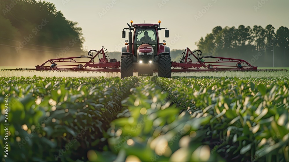 a tractor equipped with pesticide sprayers as it moves through a vast ...