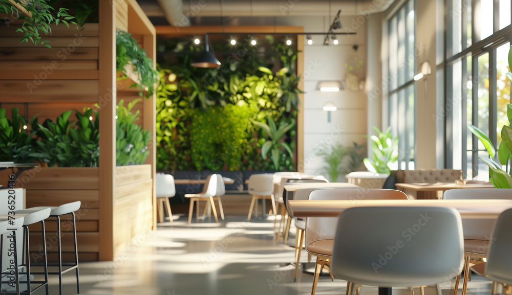 Beautiful restaurant interior view with huge wall windows, green plants ...