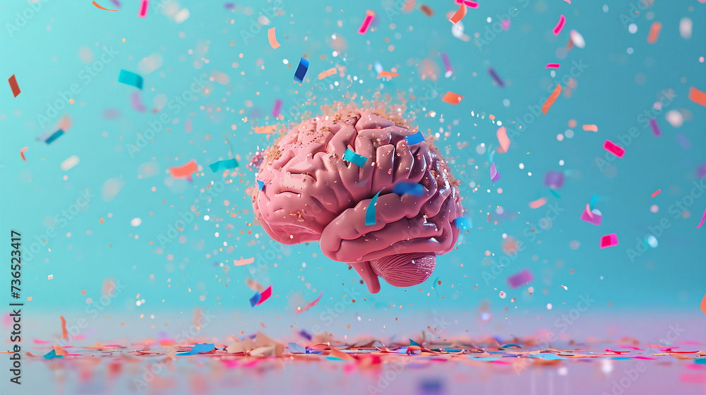 Side view of the colorful brain and confetti on blue background ...