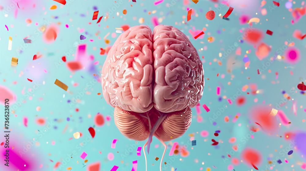 Front view of brain and confetti on light blue background. scientific ...