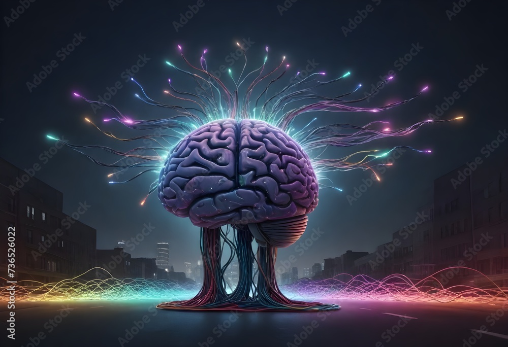 A stylized human brain with tree-like structures and colorful neon ...