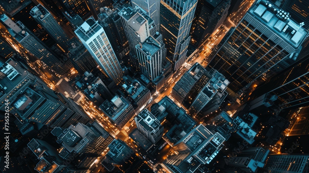 Big city from top view at night with huge buildings and street lights ...
