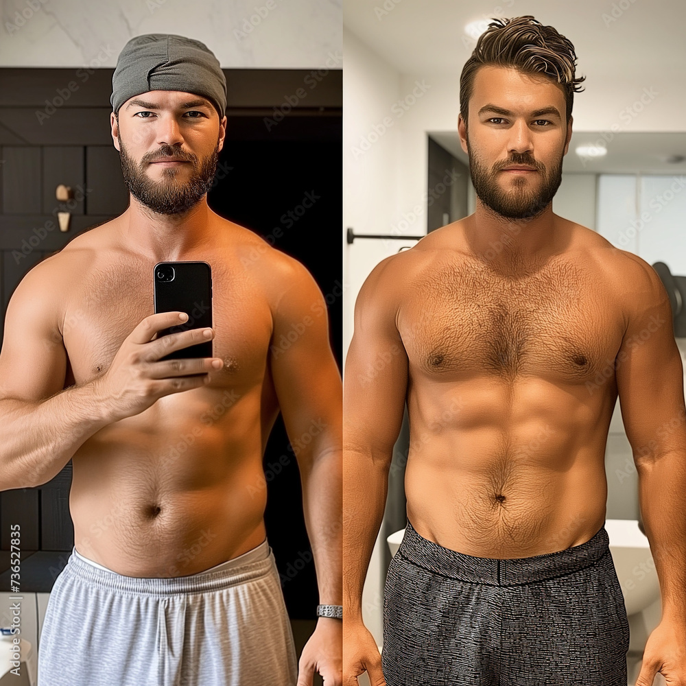 Avant / après, la métamorphose physique d'un homme torse nu, après une ...