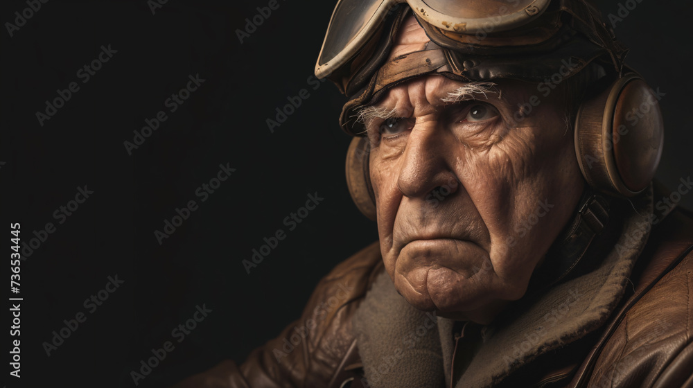 A rugged vintage pilot in his early 50s exudes a sense of nostalgic ...