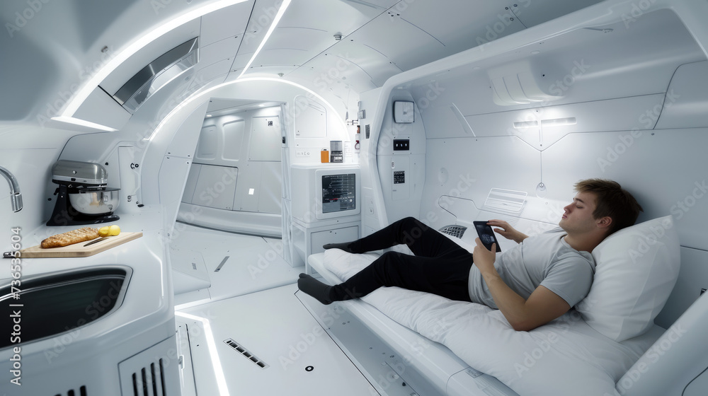 Man rests on bed in spaceship room, design of starship interior or ...