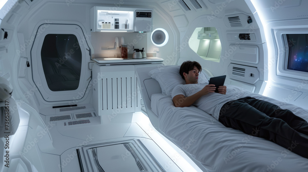 Person lying on bed in spaceship room, design of starship interior or ...