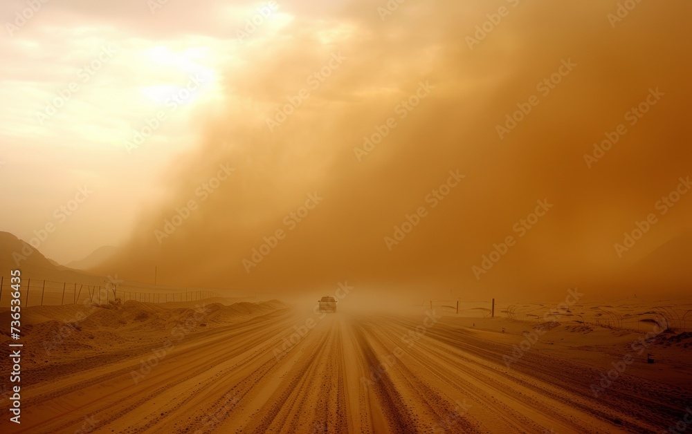 Vehicle traversing a dusty road under the engulfing swirls of a massive ...