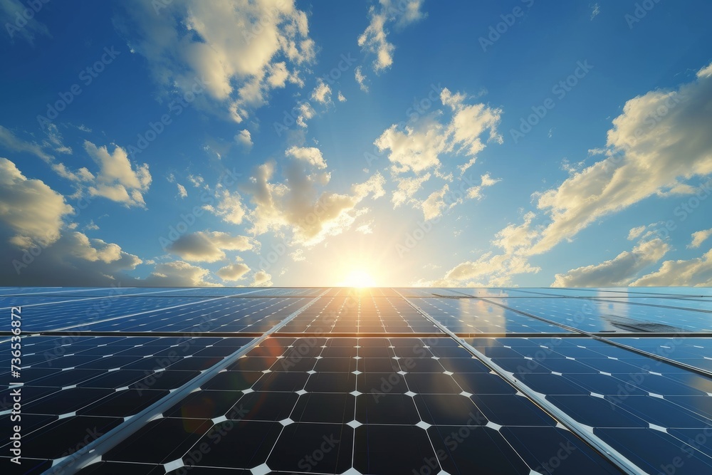 Field of solar panels under a bright sky with fluffy clouds and the ...