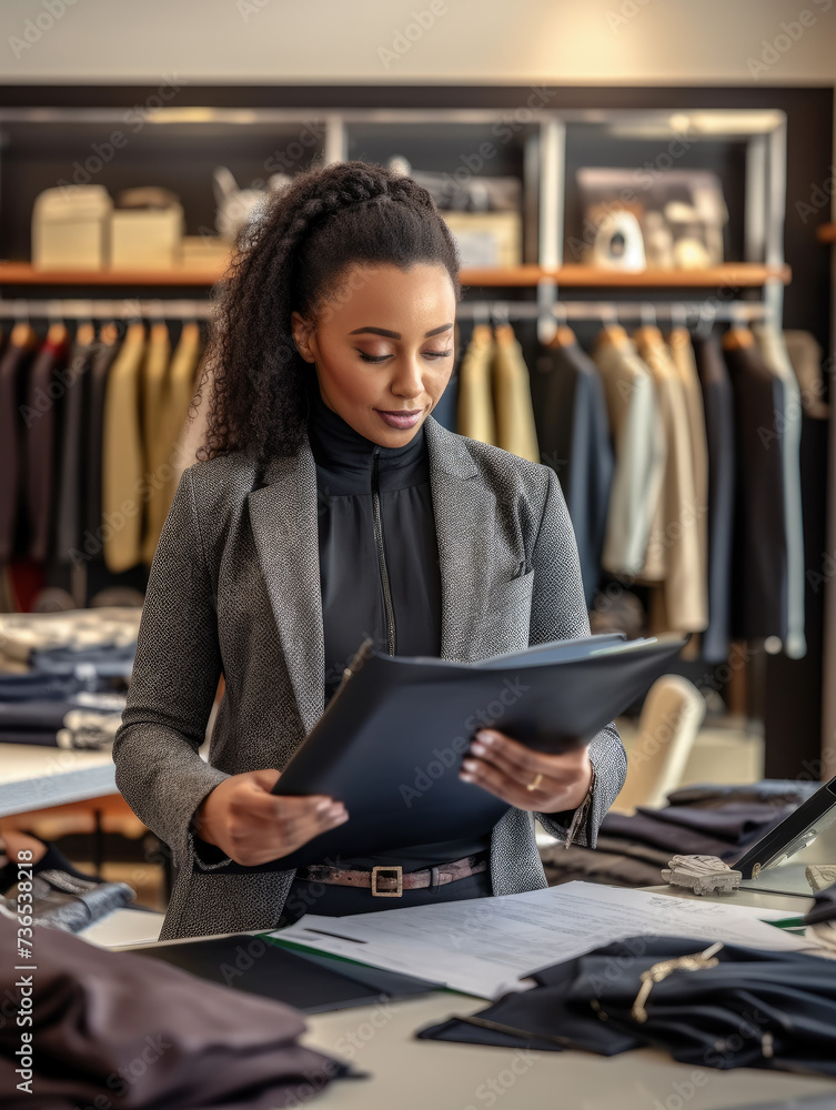 Woman is standing in front of clothing store or shop. She appears to be ...
