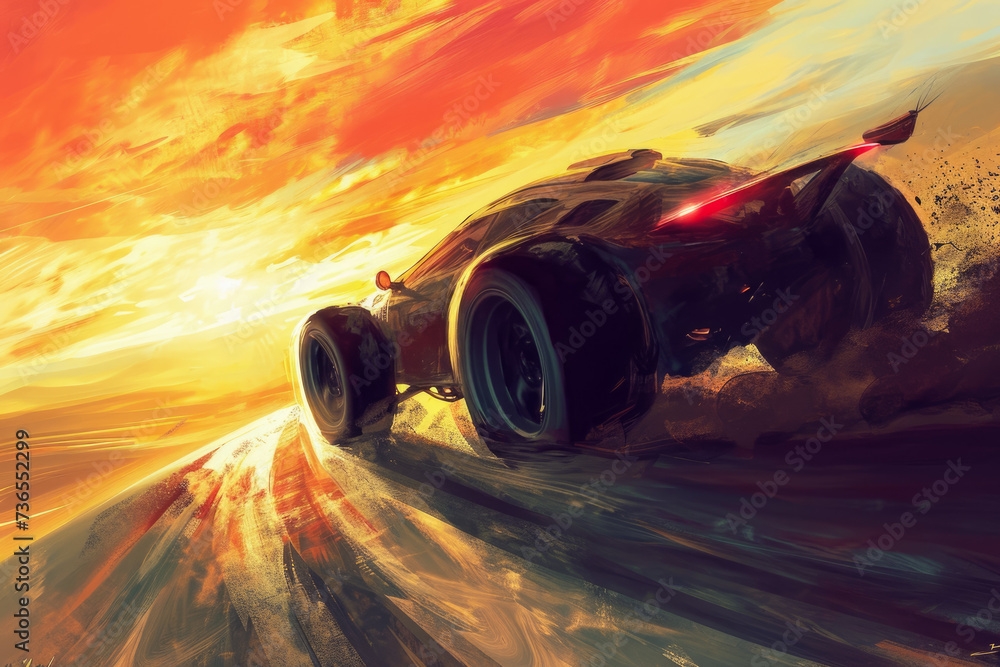 drawing of a car with big wheels and a spoiler. The car is driving on a ...