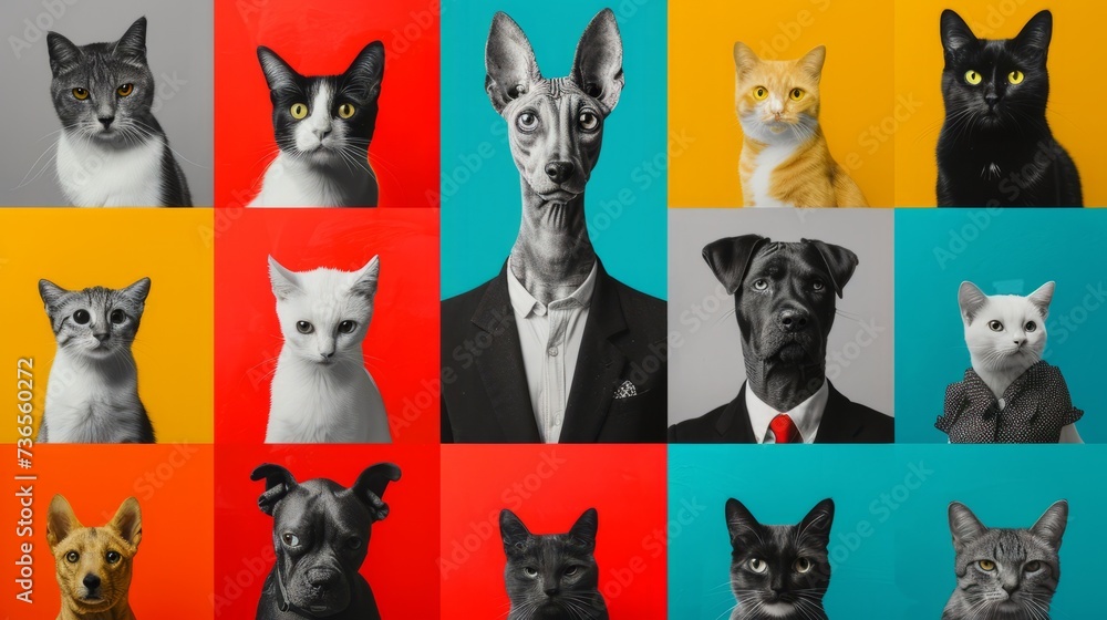 Animals with human emotions. Contemporary art collage with bw portraits ...