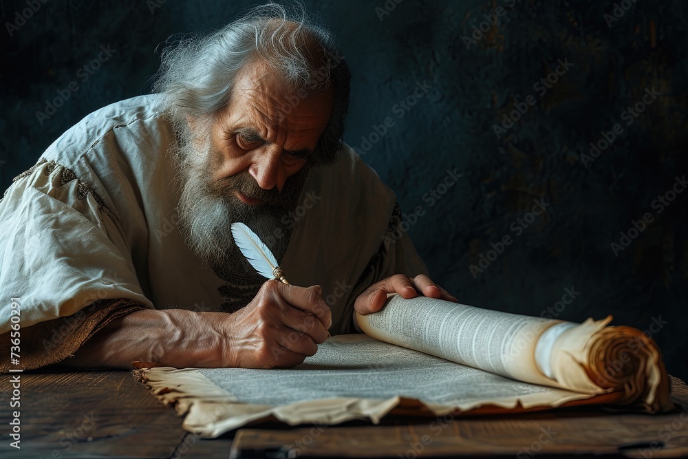 Apostle Paul writing in parchment scroll inspired by the Holy Spirit ...