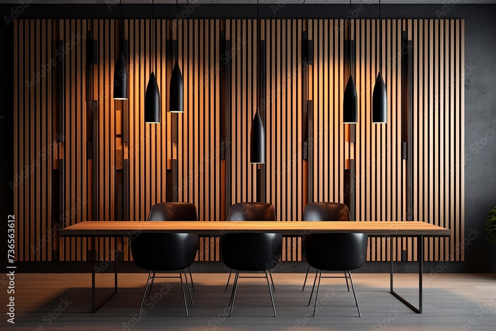 Modern acoustic panel with vertical wooden slats. Stock Photo | Adobe Stock