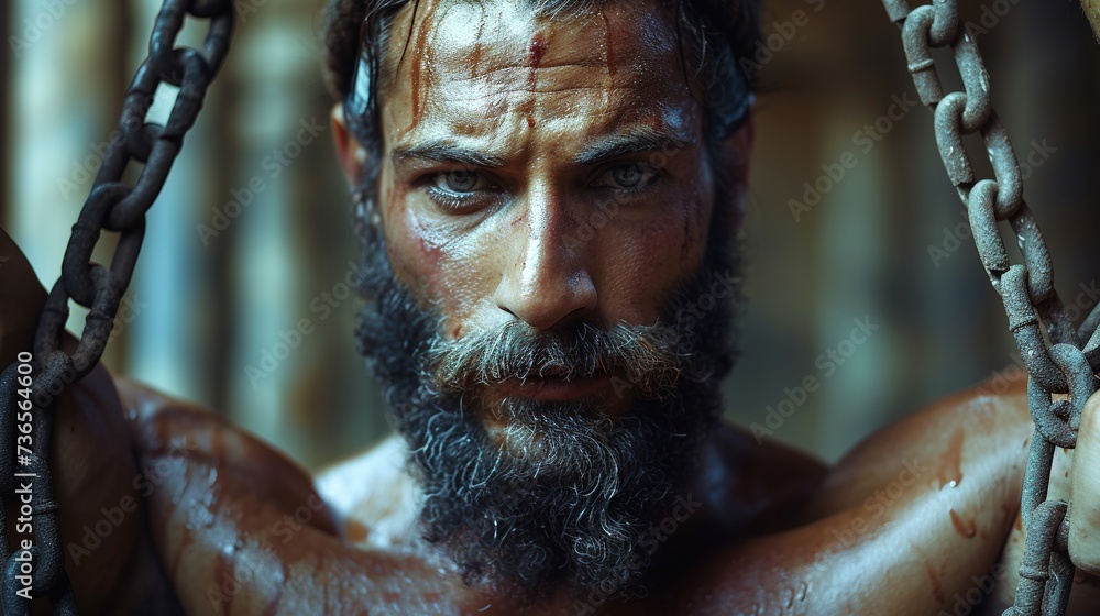 Strongest man Samson chained to the two pillars, Bible story. Stock ...