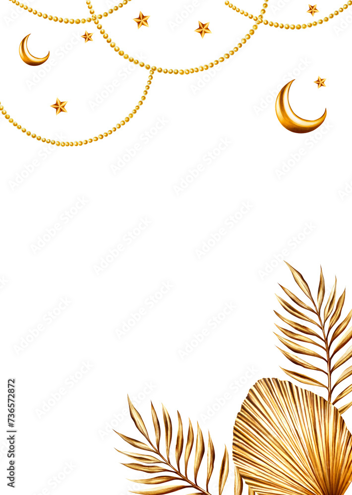 Watercolor Islamic arabian postcard, frame, templates with golden ...