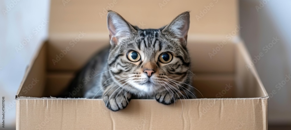 Moving and donation concept stack of cardboard boxes with cat inside ...
