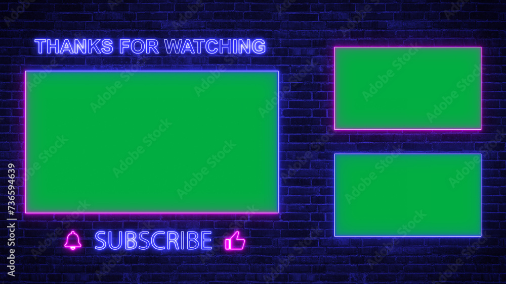 end screen template for youtube channel template, neon lights frames ...
