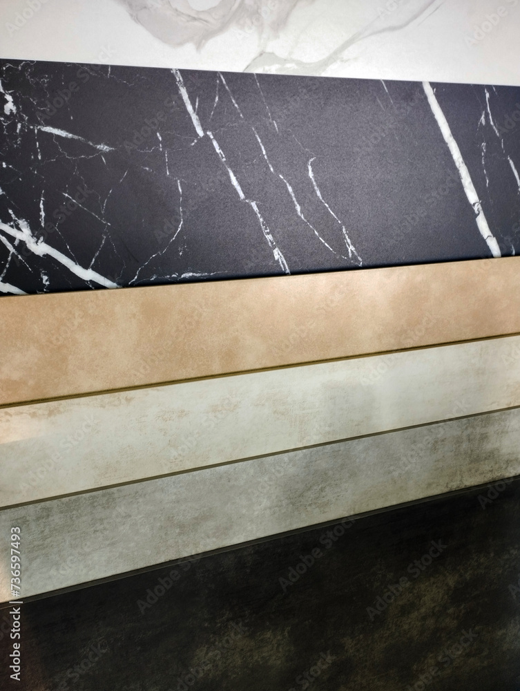 Black Porcelain tiles, marble tiles, shelving of different tiles ...