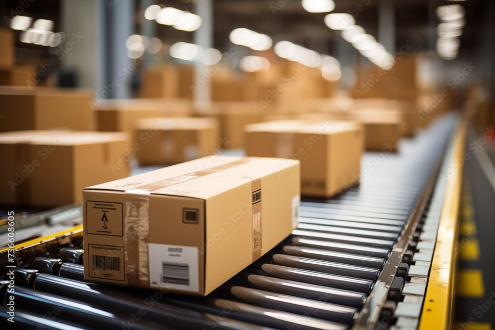 Multiple Cardboard box packages on conveyor roller ready for shipping ...