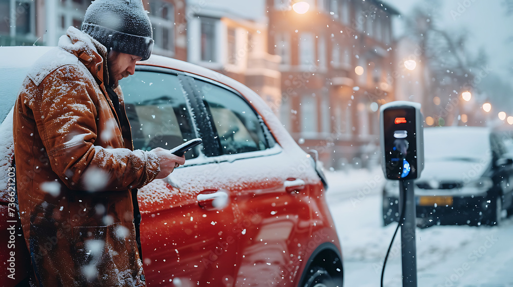 Man charging electric car during cold snowy day, using electric vehicle ...