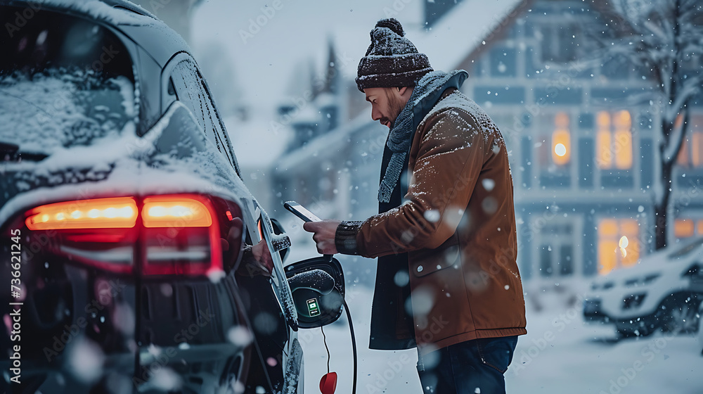 Man charging electric car during cold snowy day, using electric vehicle ...