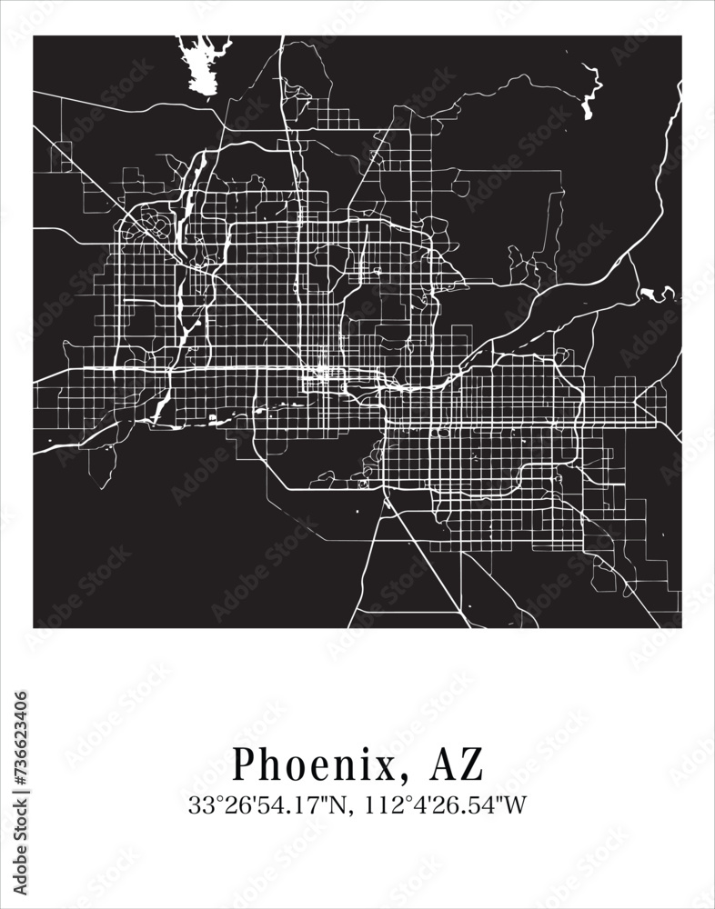 Phoenix city map. Travel poster vector illustration with coordinates ...