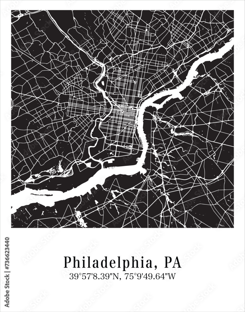Philadelphia city map. Travel poster vector illustration with ...