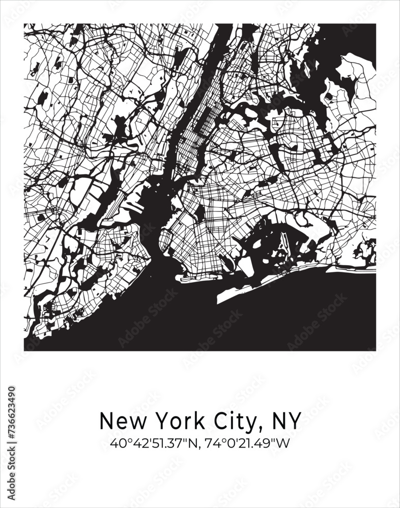 New-York city map. Travel poster vector illustration with coordinates ...