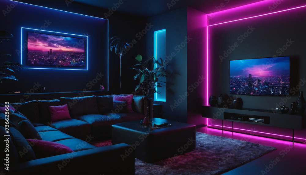 Home cinema, living room with colored LED lighting - Smart home. Big Tv ...
