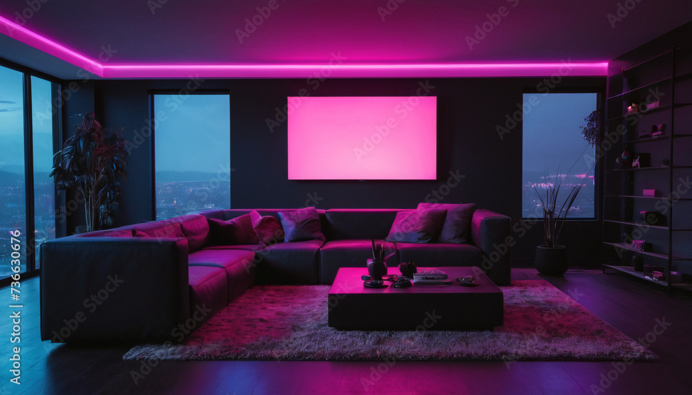Home cinema, living room with colored LED lighting - Smart home. Big Tv ...