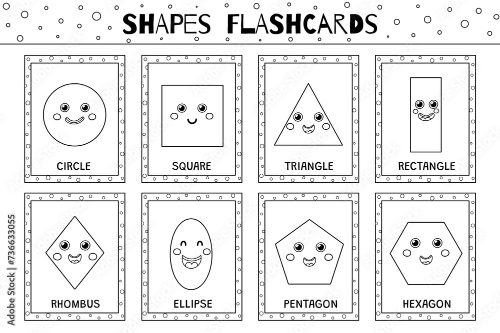 Shapes flashcards black and white collection for kids. Flash cards set ...