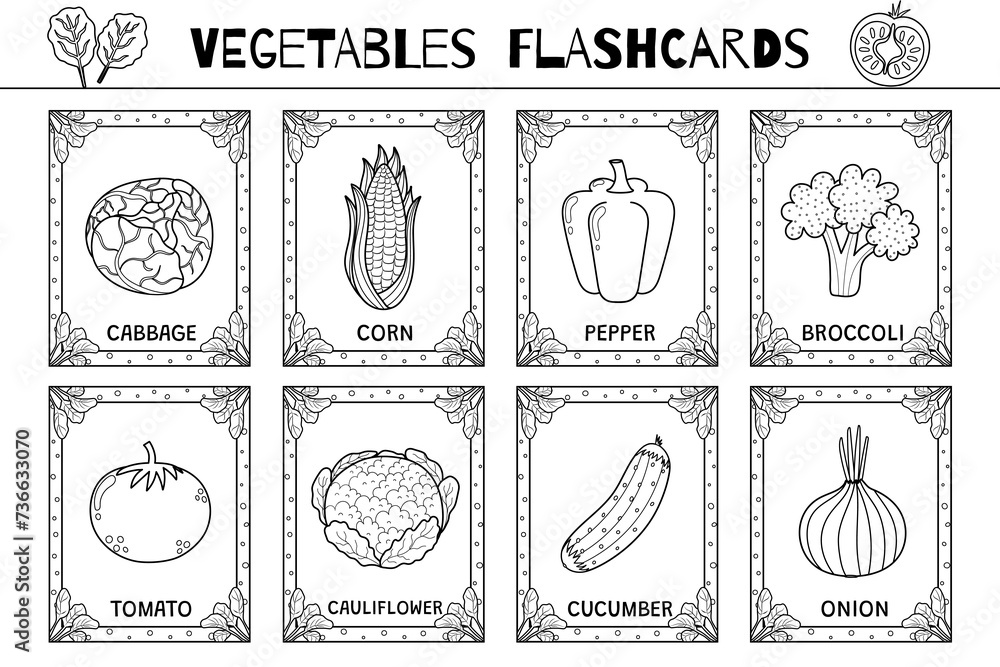 Vegetables flashcards black and white set. Flash cards collection for ...