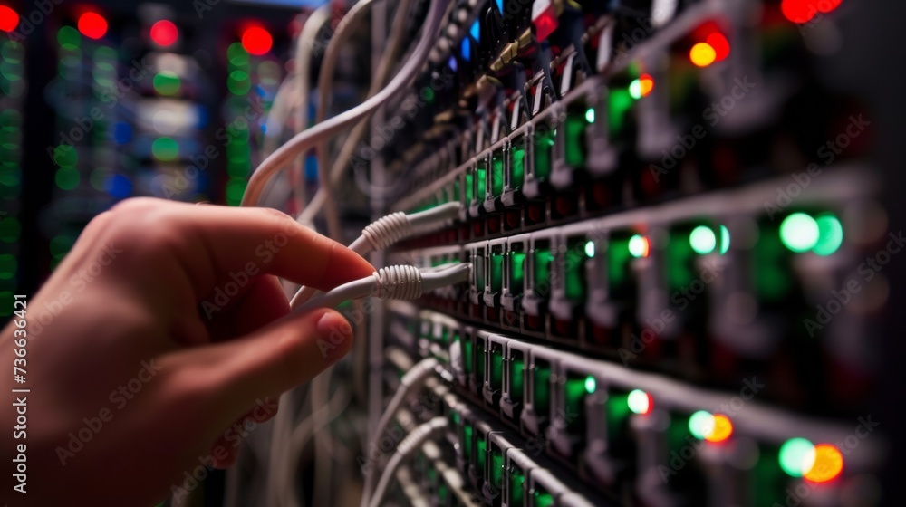 Close-up of a technician plugging an ethernet cable into a server's ...
