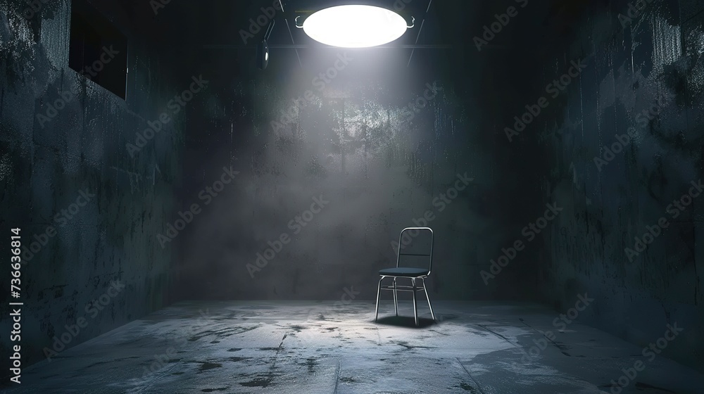 Dark Gritty Interrogation Room With Single Bright Light Overhead Stock