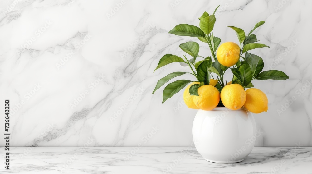 Stylish modern white kitchen interior with quartz countertop and potted ...