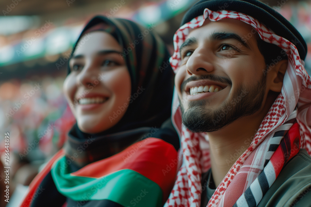Kuwait fans cheering on their team from the stands of sports stadium ...