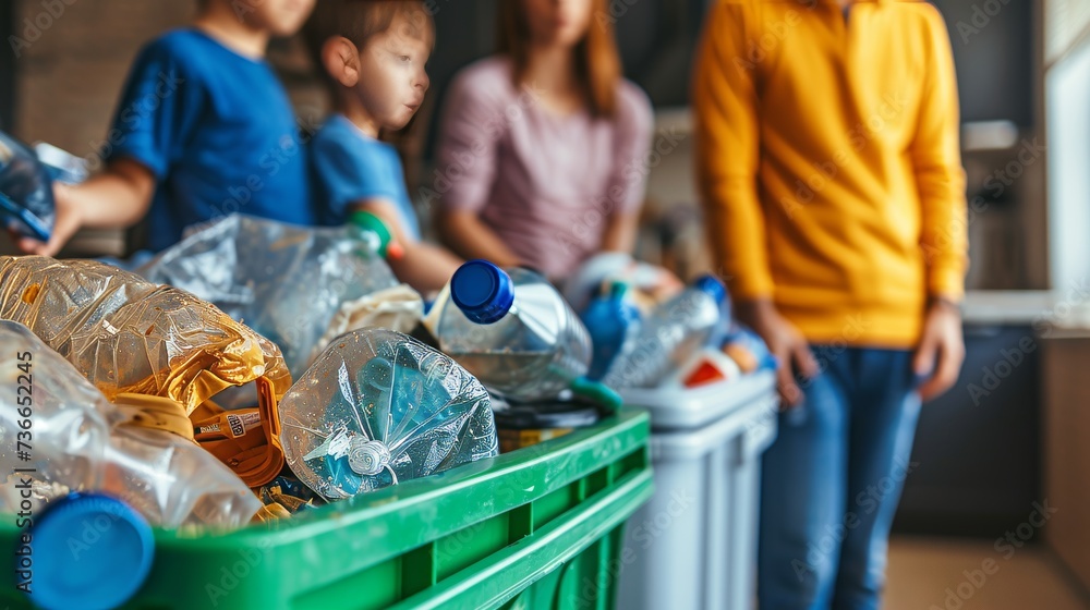 Waste sorting at home parents and children in bright kitchen with ...