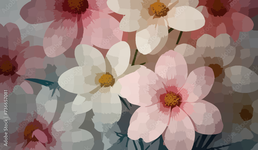 Stylized depiction of flowers in a pastel color palette, with a ...