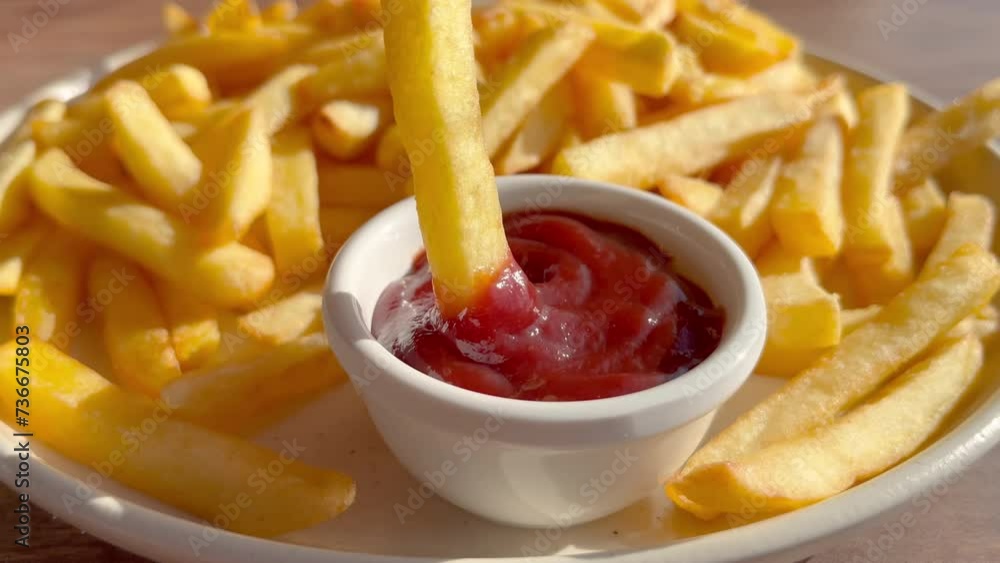 Vidéo Stock Close up on French fries dipping them in ketchup. Closeup ...