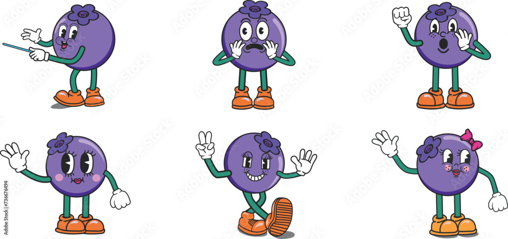 Set of Blueberry cartoon funky character with pose and expressions ...