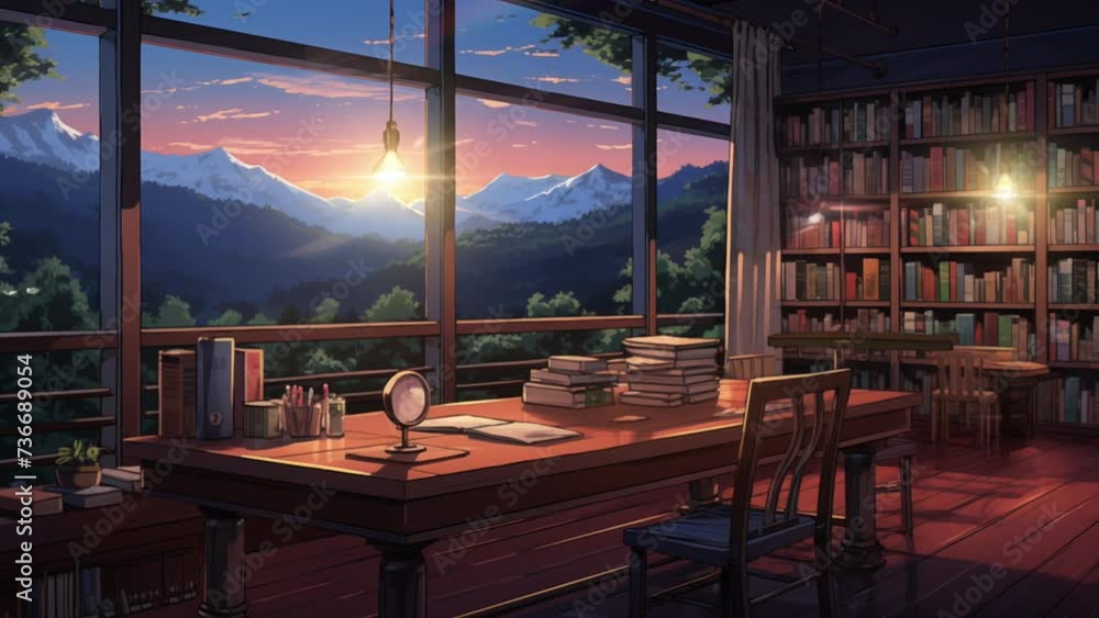 Animated illustration of a work desk with a view of the forest at night ...